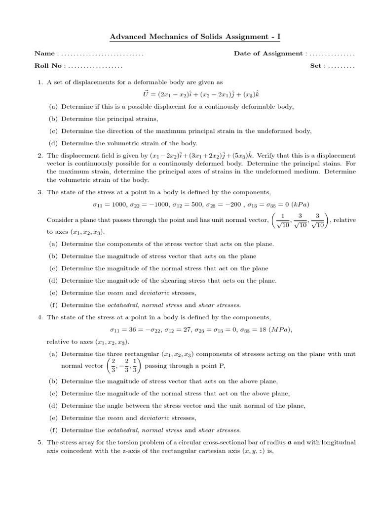 Advanced Mechanics of Solids - Question Set | PDF | Stress (Mechanics ...