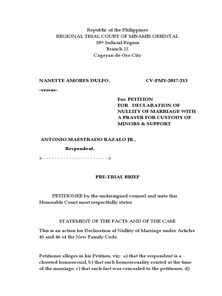 Pretrial Brief | PDF | Annulment | Marriage