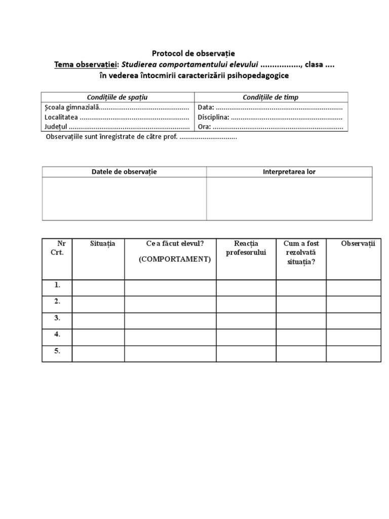 Fisa de Observare Sistematica A Comportamentului Elevului | PDF