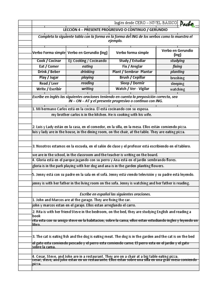 Lección 4 - Presente Progresivo o Continuo - Gerundio | PDF ...