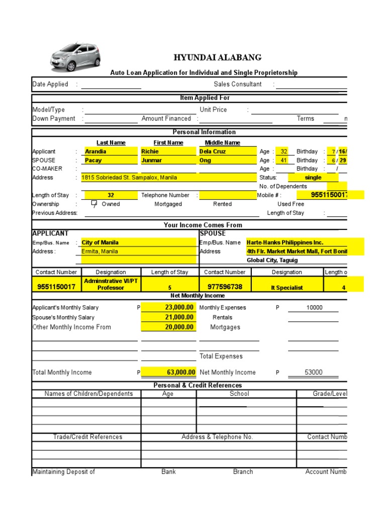 Hyundai Alabang Auto Loan Application | PDF | Mortgage Loan | Credit