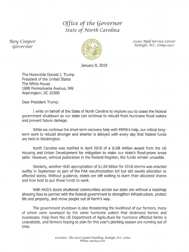 President Trump Shutdown Letter
