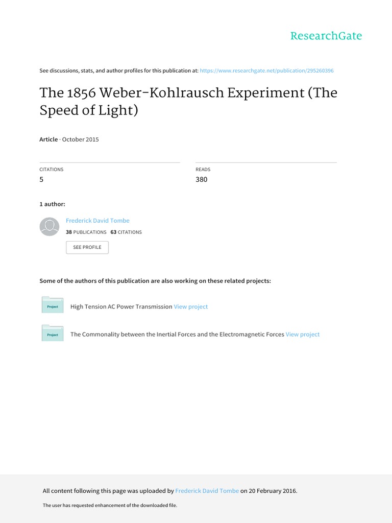 1856 Weber-Kohlrausch Experiment - The Speed of Light - October 2015 ...