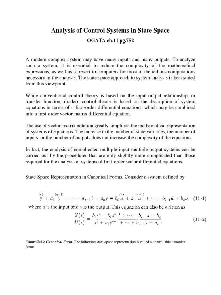 Analysis of Control Systems in State Space: OGATA ch.11 pg.752 | PDF ...