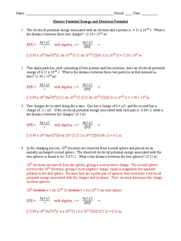 Electric Potential Energy and Electrical Potential Key | PDF | Electric ...