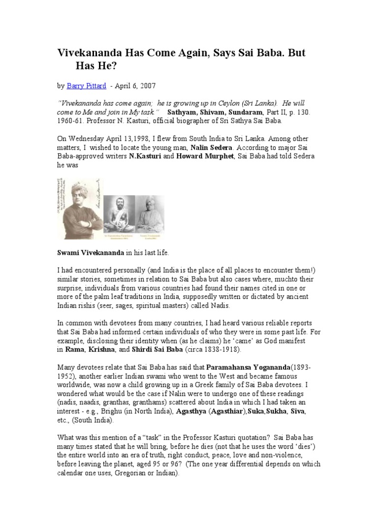 Vivekananda Has Come Again, Says Sai Baba | PDF | Sathya Sai Baba ...