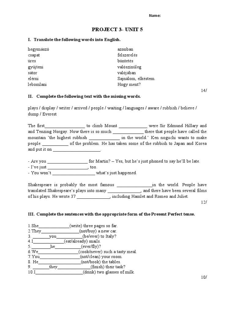 Project 3-Unit 5: I. Translate The Following Words Into English | PDF