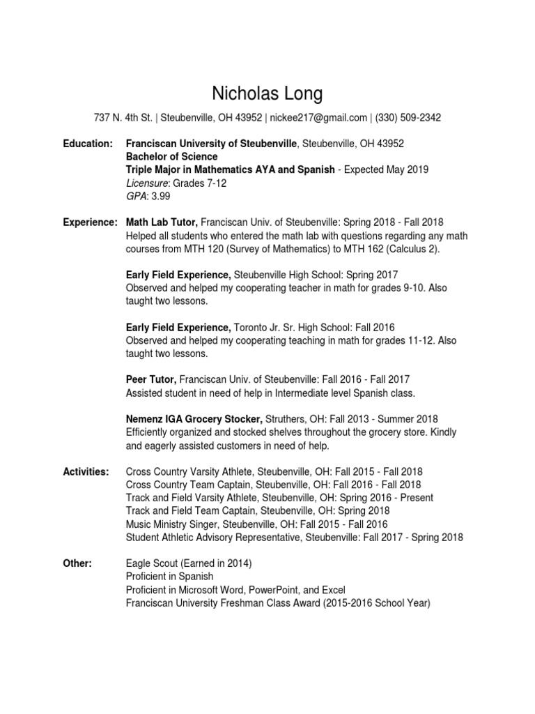 Nicholas Long: Education & Experience Summary | PDF | Career & Growth