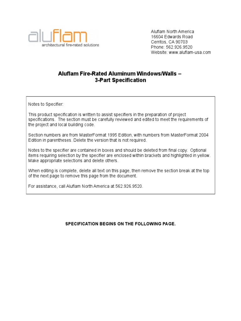 Aluflam Fire-Rated Aluminum Windows/Walls - 3-Part Specification | PDF ...