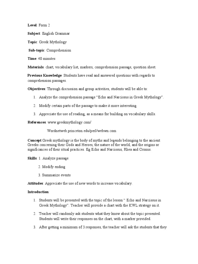 Greek Mythology Lesson Plan | PDF | Reading Comprehension | Greek Mythology