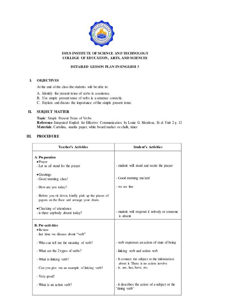 Lesson Plan Simple Present Tense of Verb | PDF