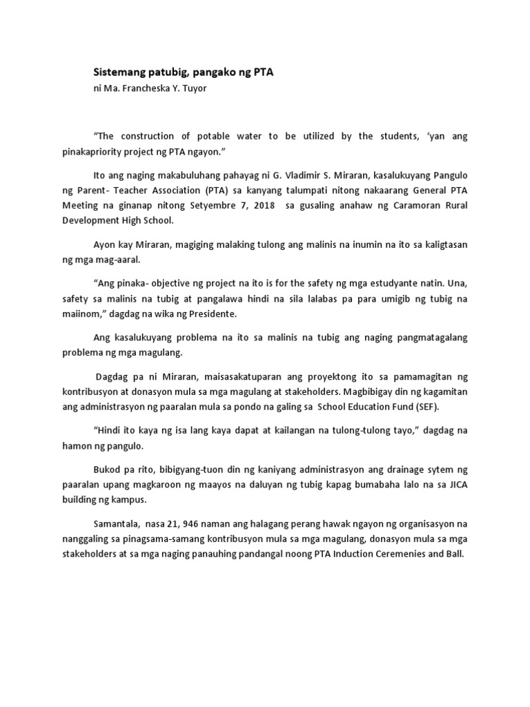 Sistemang Patubig, Pangako NG PTA | PDF