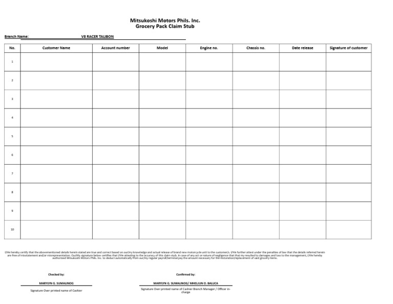Grocery Claim Stub | PDF