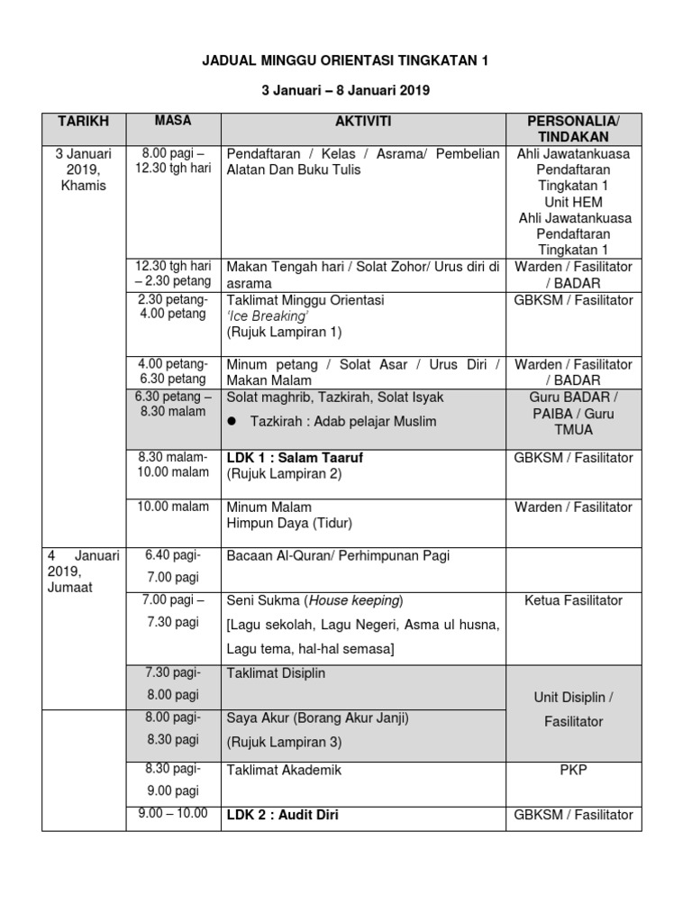 Jadual Minggu Orientasi Tingkatan 1 | PDF