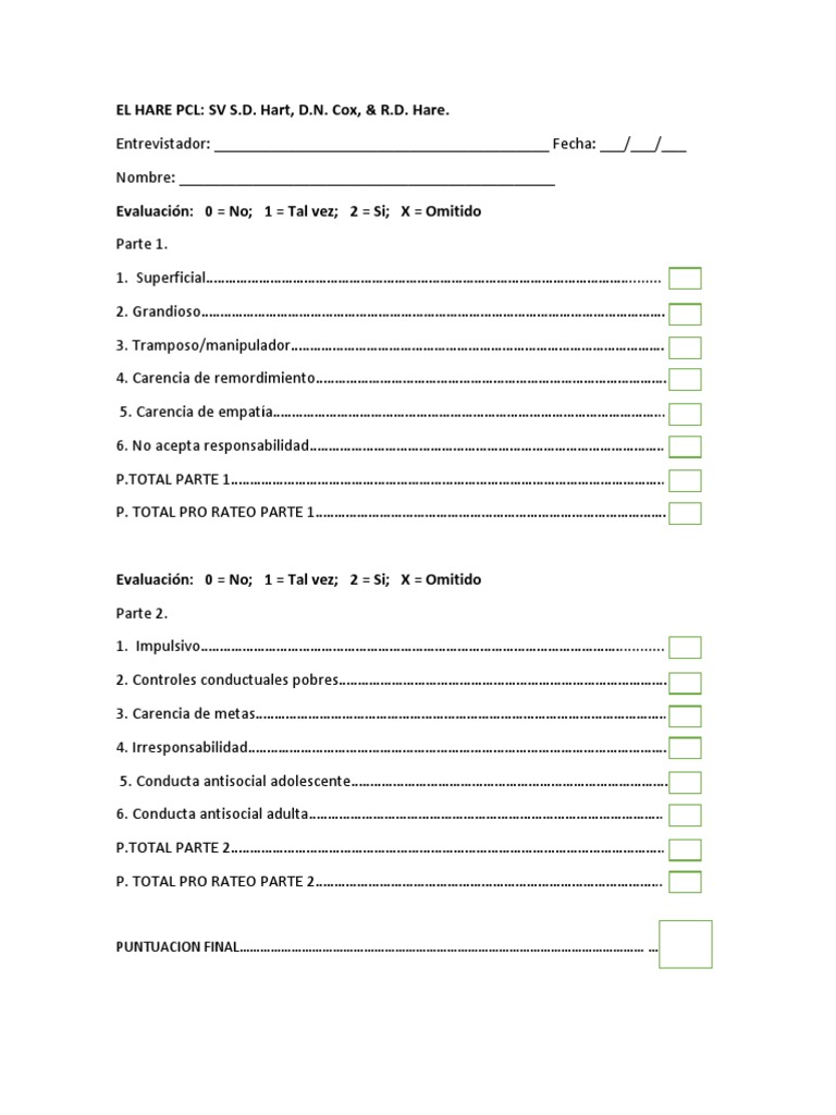 EL HARE PCL: SV S.D. Hart, D.N. Cox, & R.D. Hare.: PUNTUACION FINAL | PDF