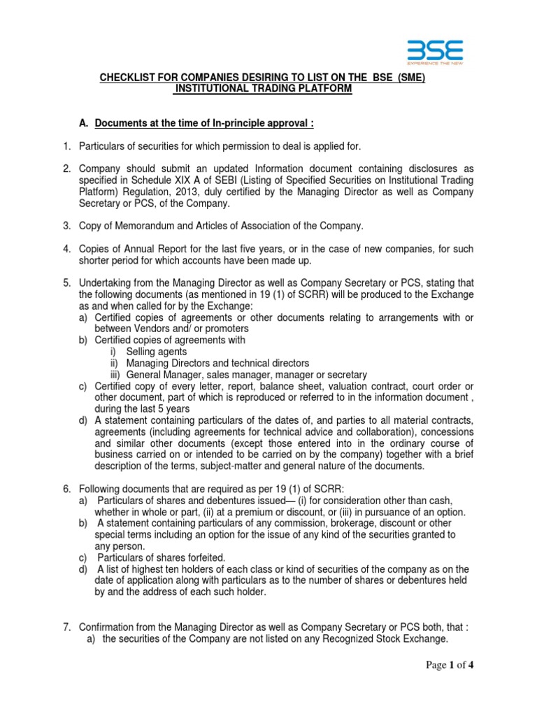 BSE SME Listing Checklist | PDF | Securities (Finance) | Corporations