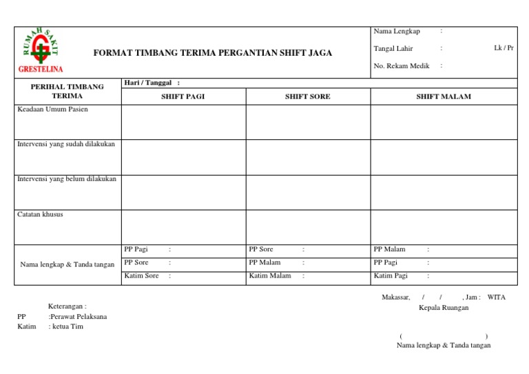 Format Timbang Terima Pergantian Shift Jaga | PDF
