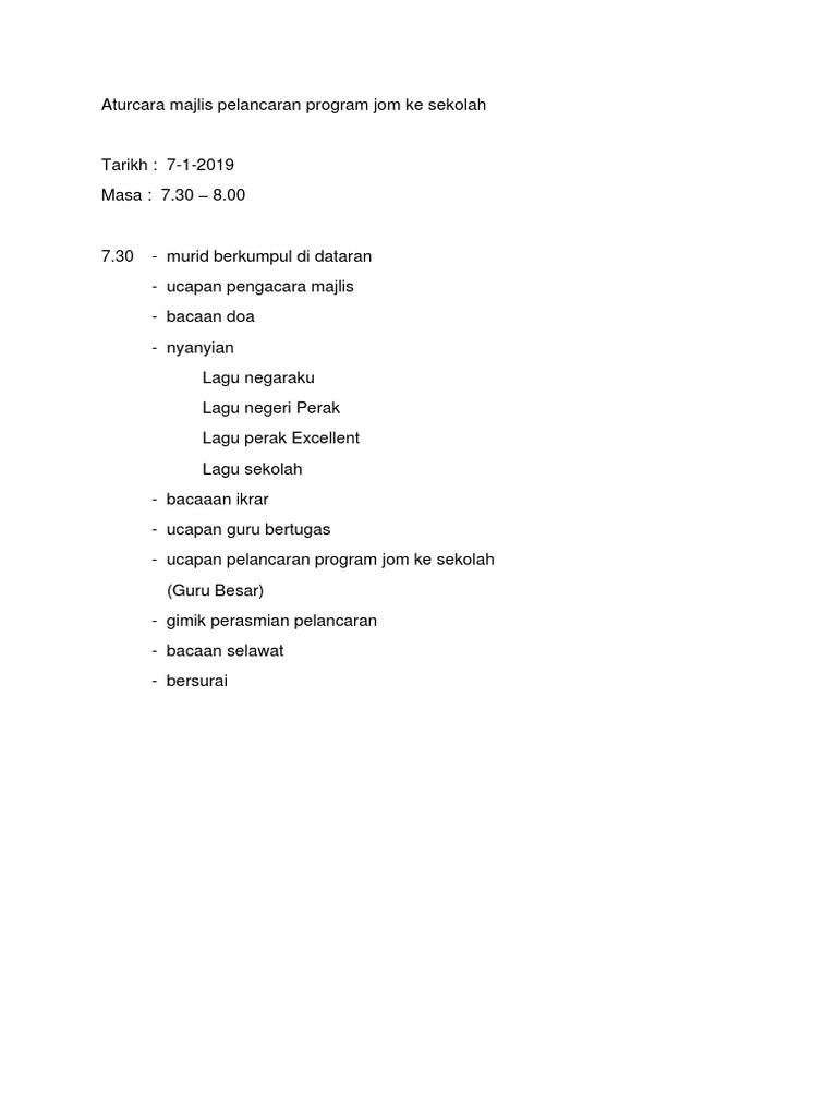 Aturcara Majlis Pelancaran Program Jom Ke Sekolah | PDF