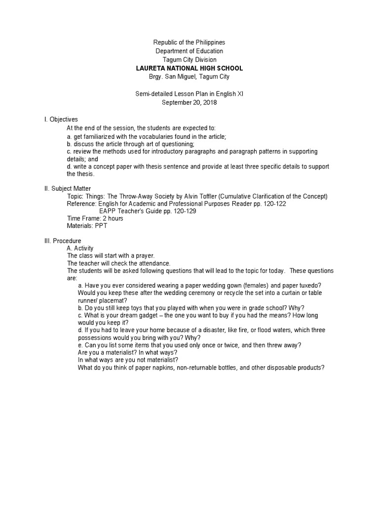 Lesson Plan in English XI | PDF