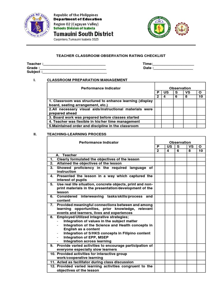 Clasroom Observation Checklist | PDF | Classroom | Learning