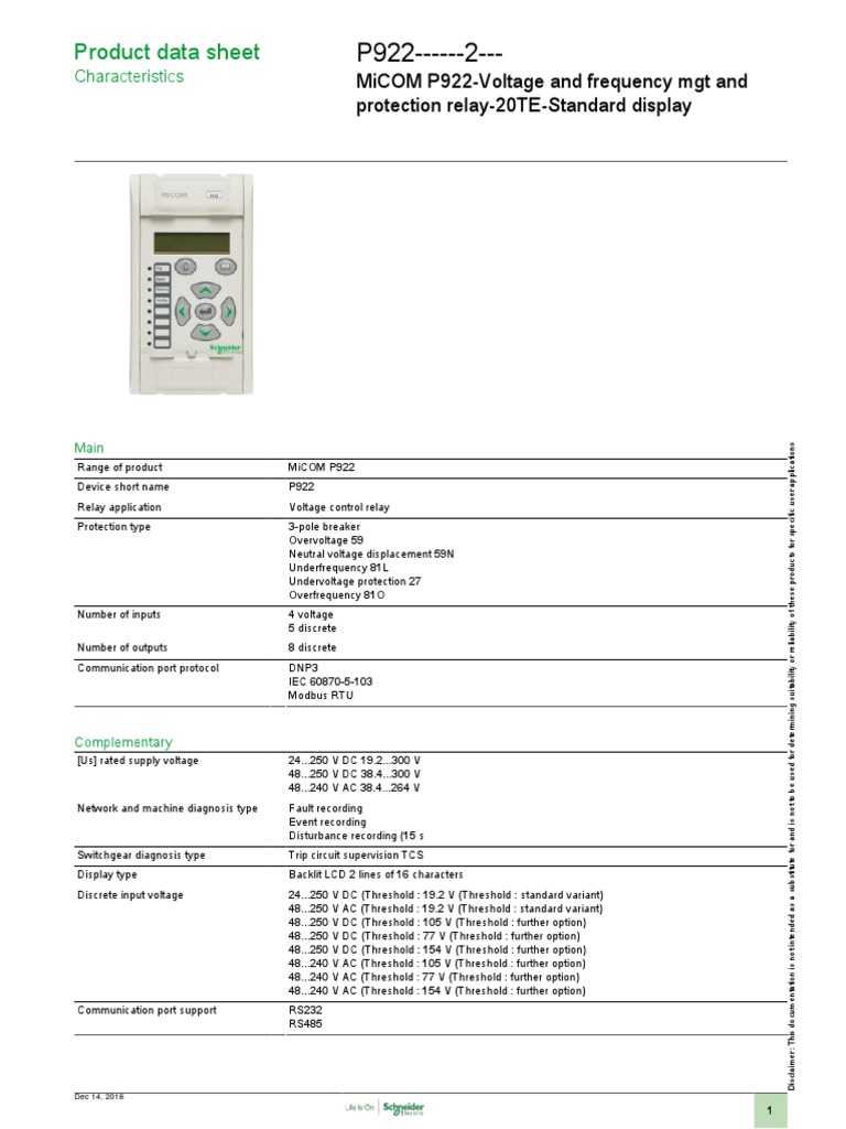Product Data Sheet: Micom P922-Voltage and Frequency MGT and Protection ...
