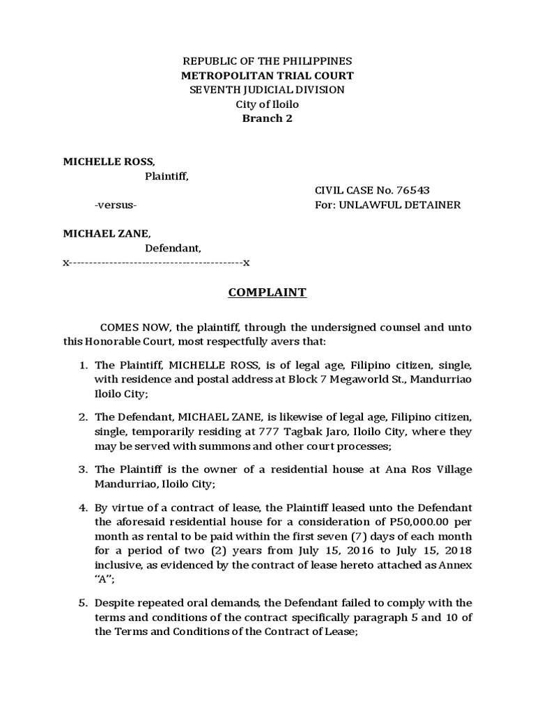 Complaint For Unlawful Detainer | PDF | Lawsuit | Complaint