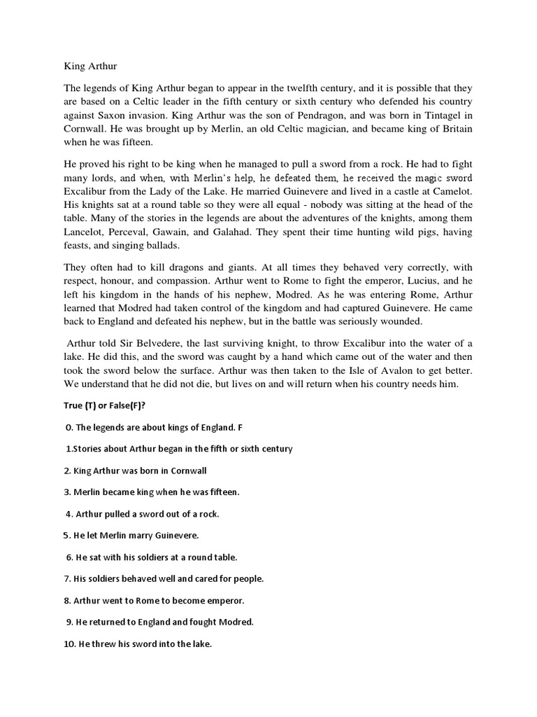King Arthur - Reading Comprehension With Questions | PDF