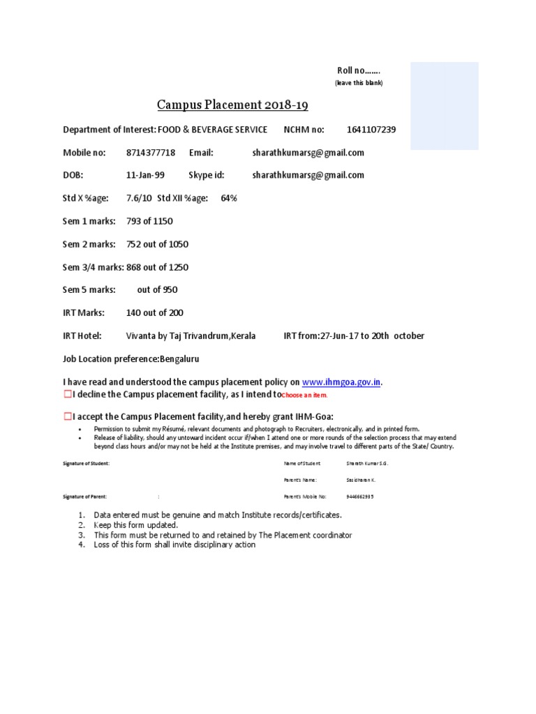 Campus Placement Form 2018-19 | PDF | Government | Business