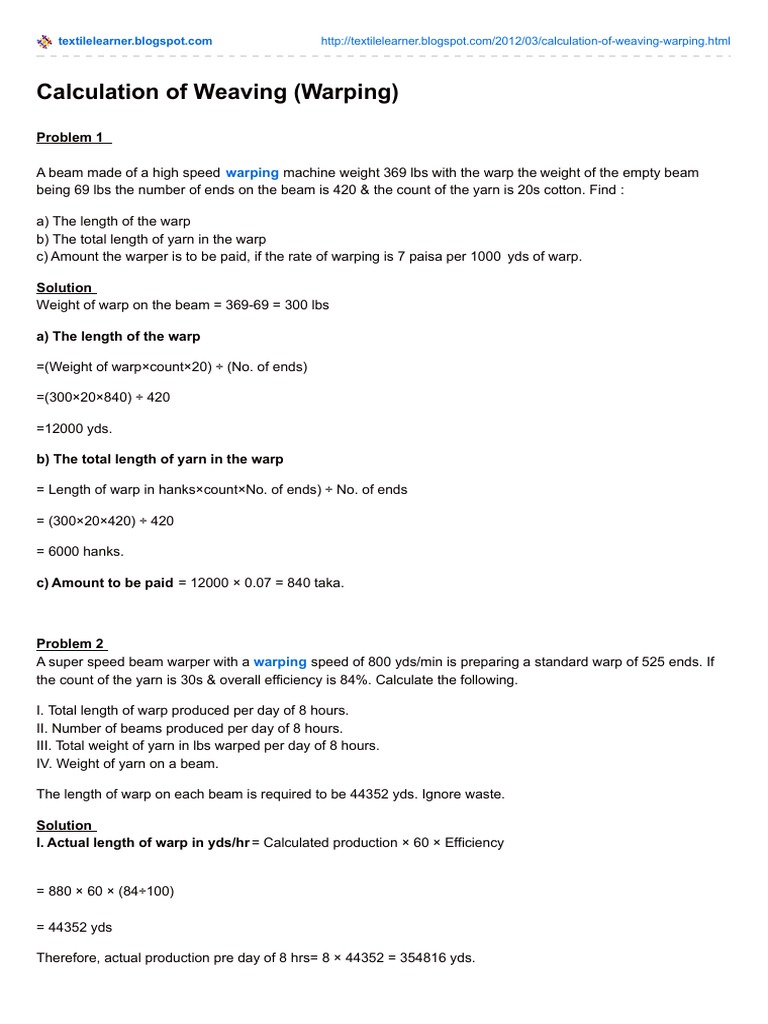 Calculation of Weaving Warping PDF | Download Free PDF | Weaving ...