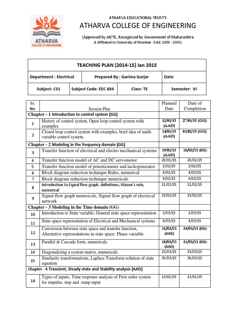 CS1 Jan 2015 Teaching Plan | PDF | Stability Theory | Control Theory