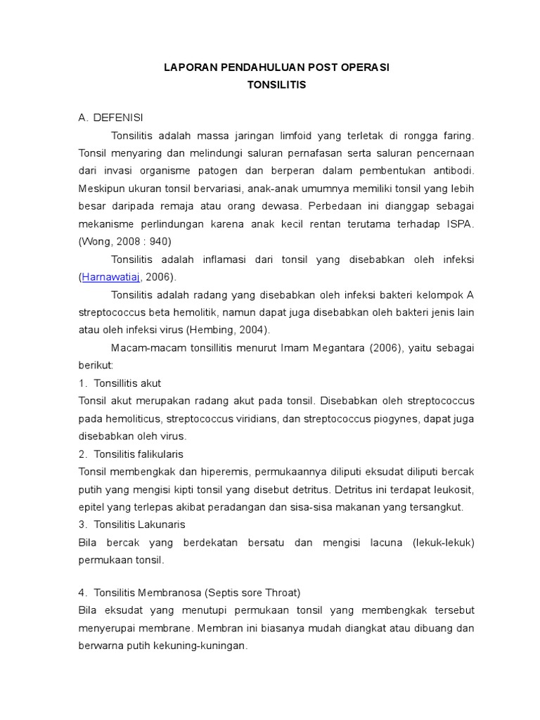 Laporan Pendahuluan Post Op Tonsilitis | PDF