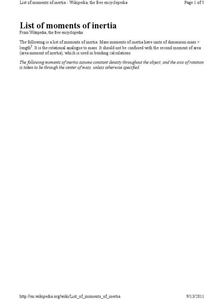 List of Moments of Inertia | PDF | Rotation Around A Fixed Axis | Geometry