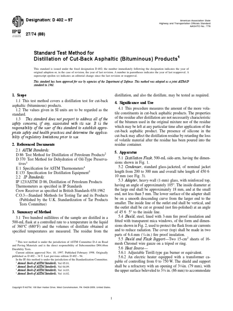Distillation of Cut-Back ASTM D402 | PDF | Distillation | Asphalt