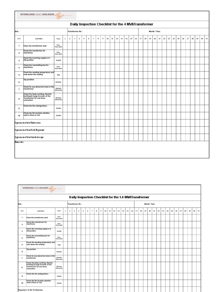 Transformer Daily Check List | PDF | Transformer | Electrical Engineering