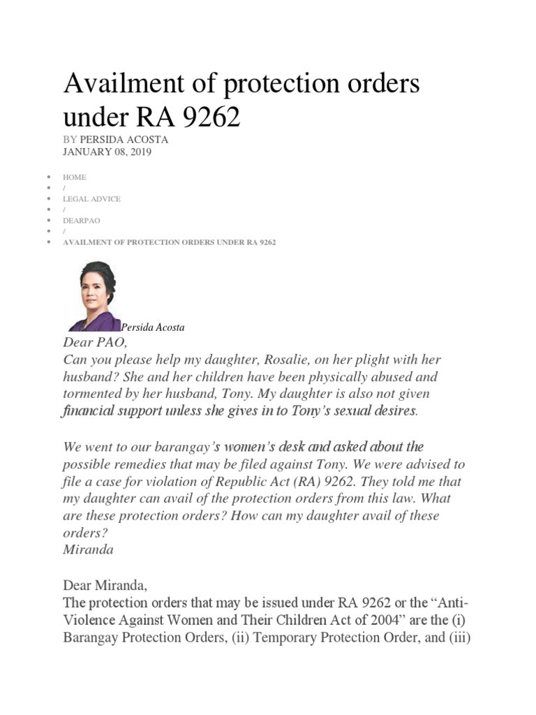 Availment of Protection Orders Under RA 9262 | PDF | Restraining Order ...