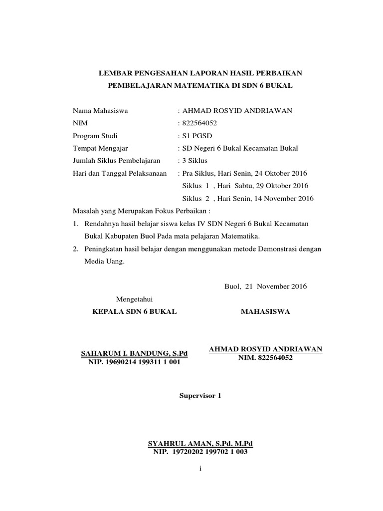 Lembar Pengesahan Laporan Hasil Perbaikan Pembelajaran Matematika Di SDN 6 Bukal | PDF