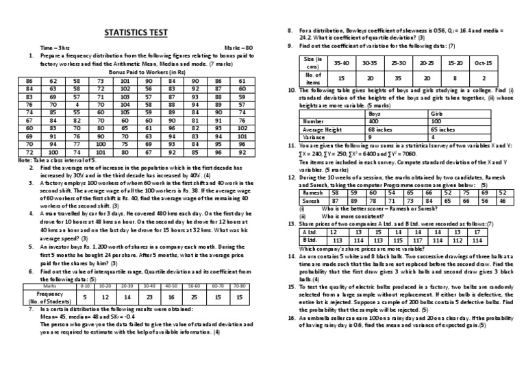 Statistics Test | PDF | Median | Standard Deviation