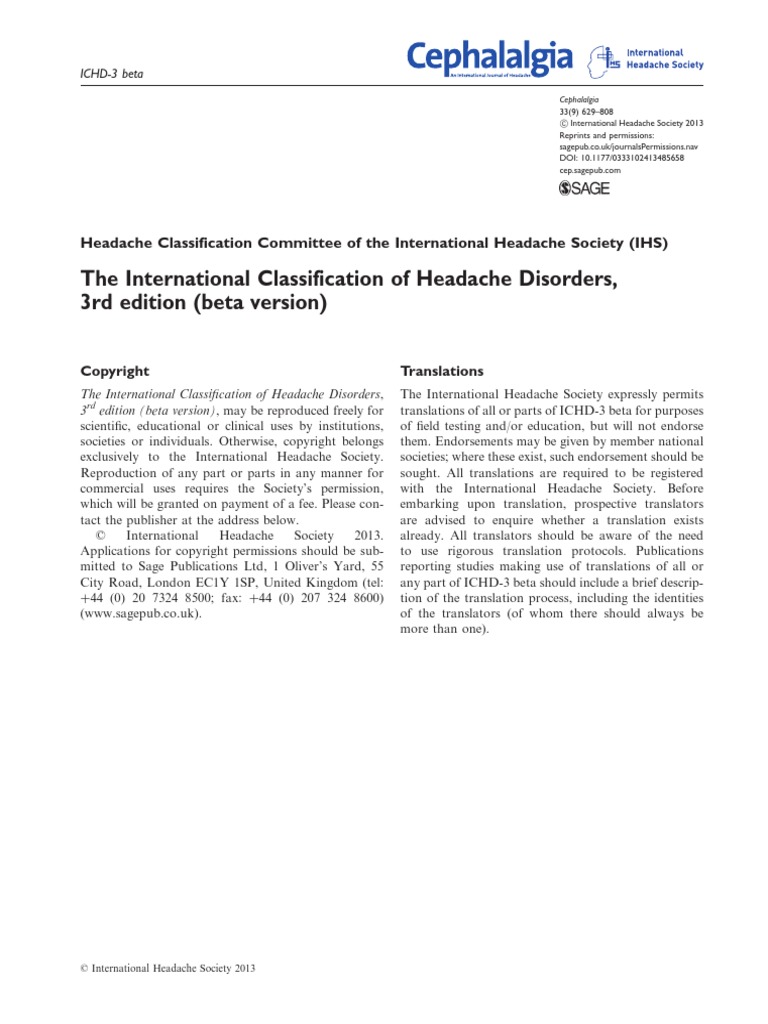 International Headache Classification III ICHD III 2013 Beta 1 | PDF ...
