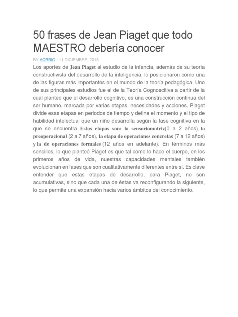 50 Frases de Jean Piaget Que Todo MAESTRO Debería Conocer | PDF ...