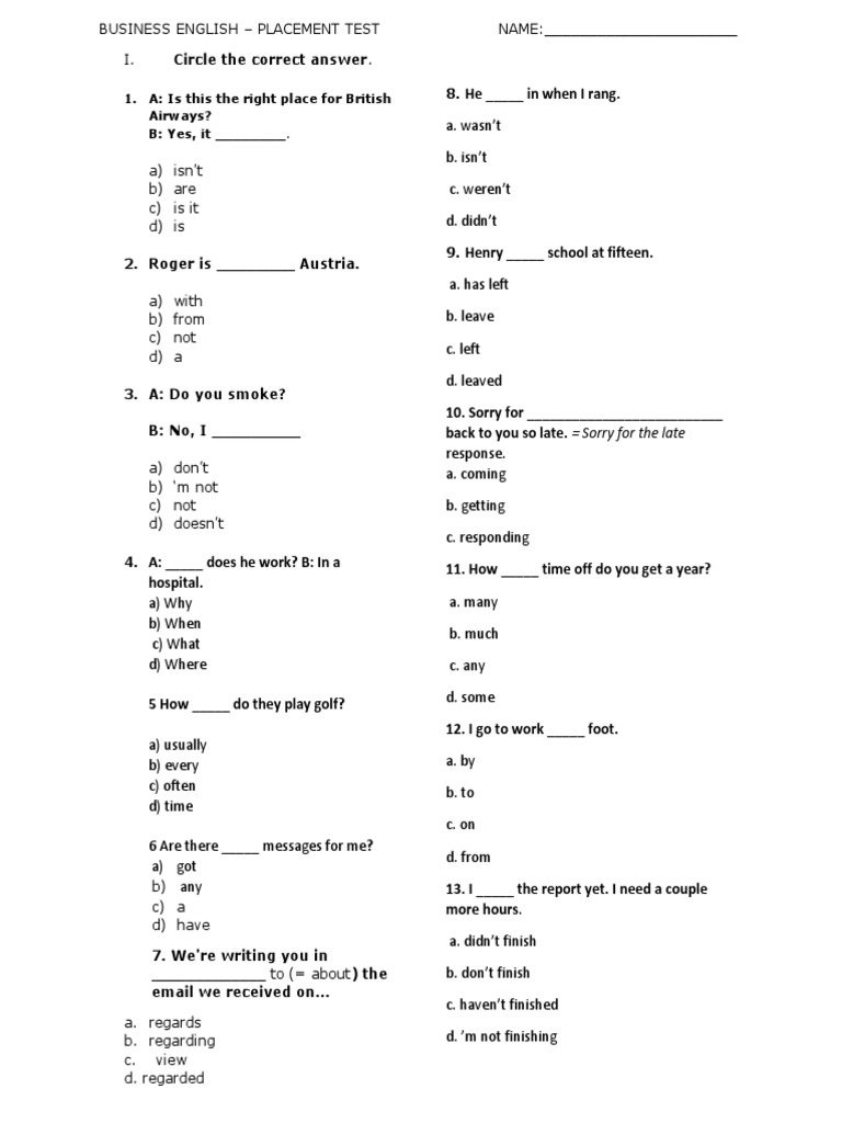 Business English - Placement Test 1 | PDF | Business
