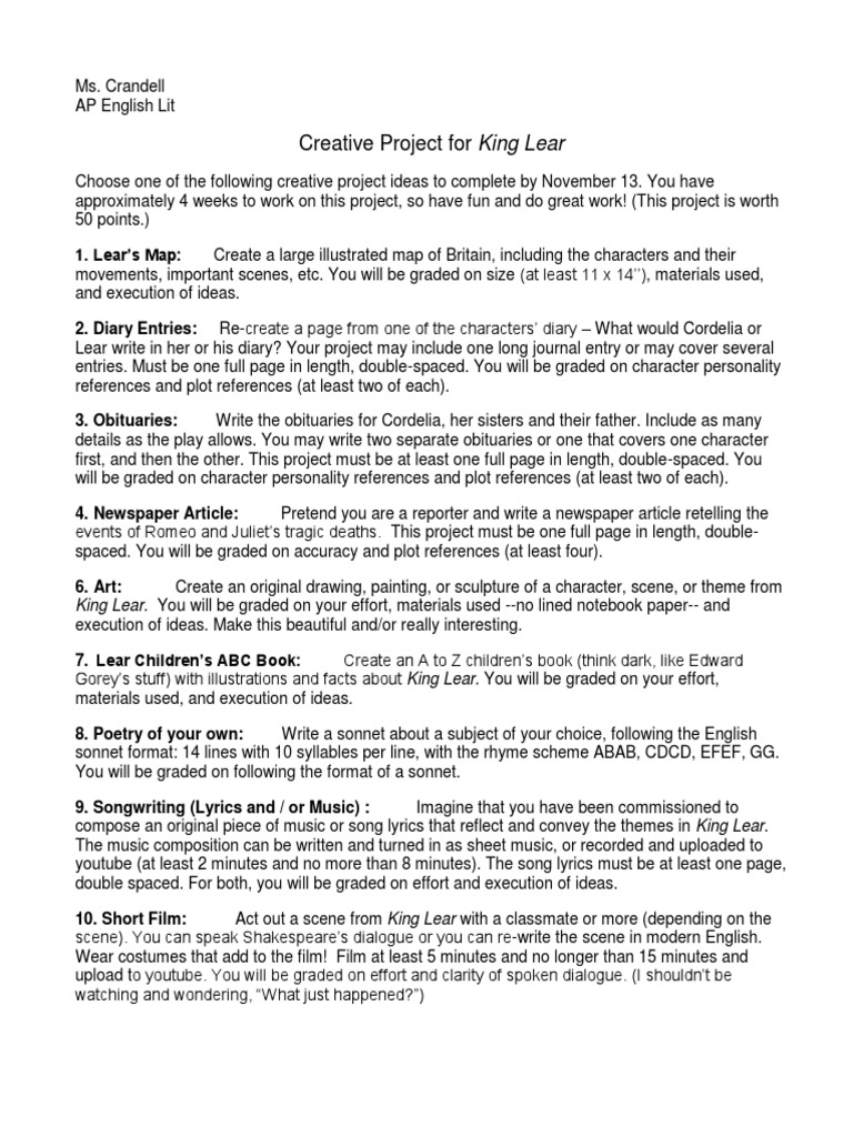 AP Eng Lit King Lear Creative Project | PDF | King Lear | Sonnets