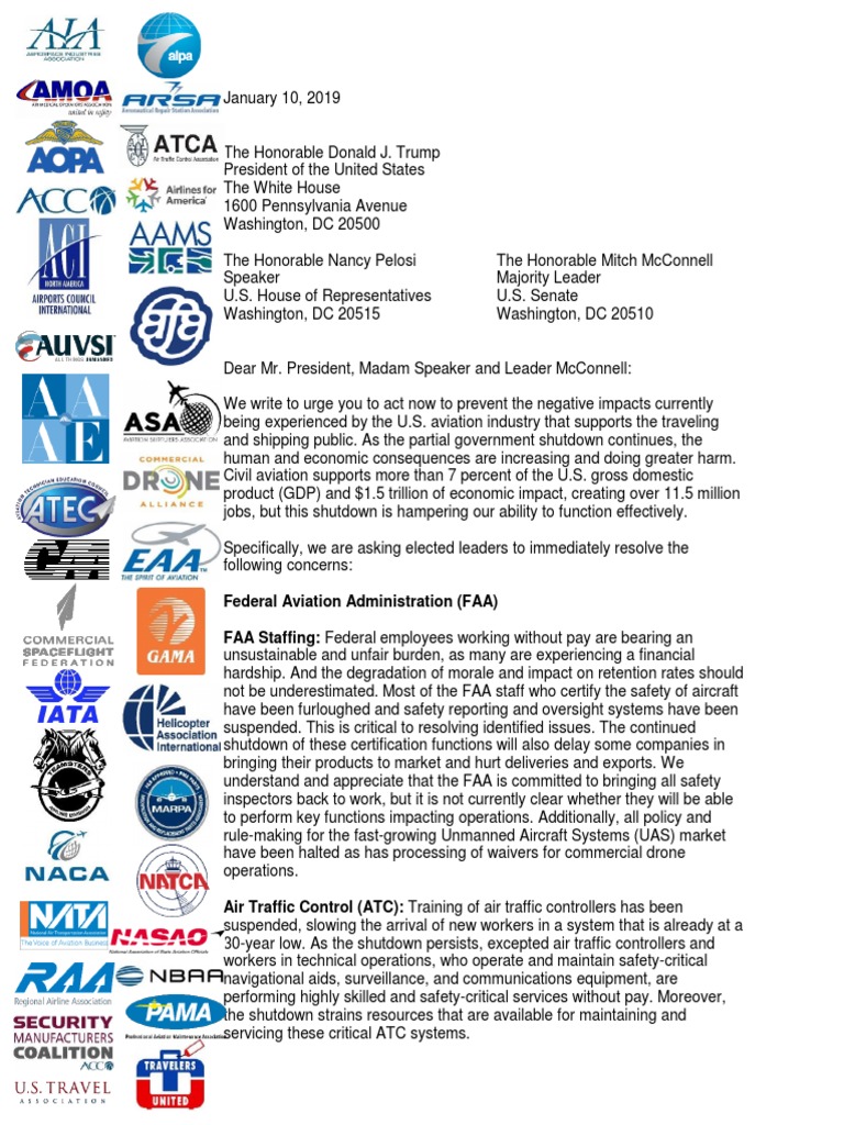 Aviation Shutdown Impacts LTR FINAL 01.10.19 | PDF | Federal Aviation ...