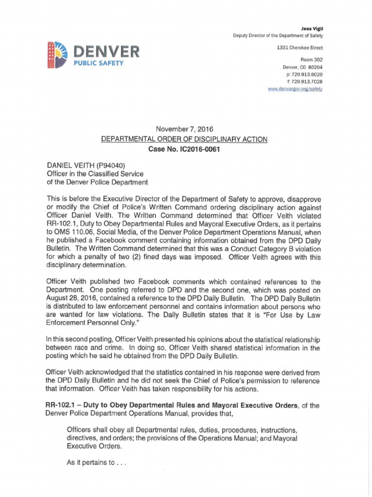 Daniel Veith: Departmental Order of Disciplinary Action | PDF