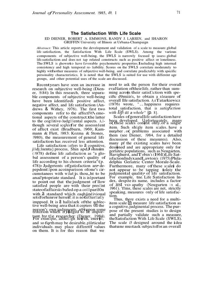Diener Et Al - The Satisfaction With Life Scale | PDF | Positive Mental ...