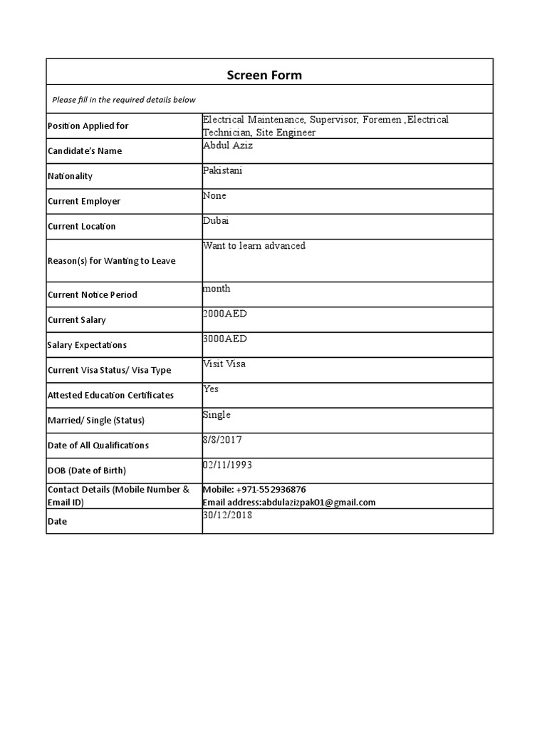 Electrical Job Application Form | PDF