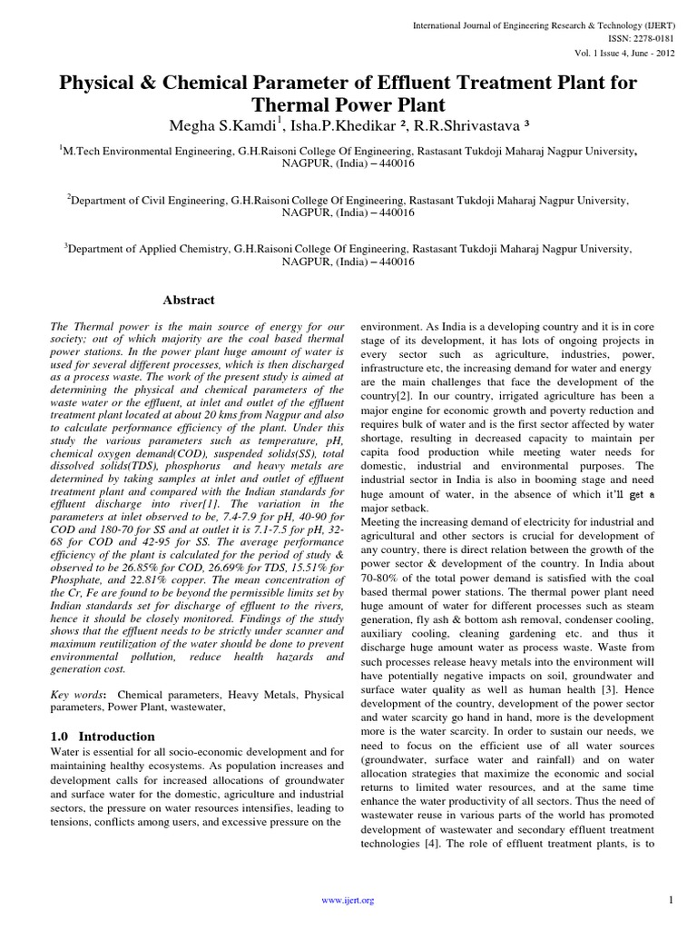 Physical & Chemical Parameter of Effluent Treatment Plant For Thermal ...