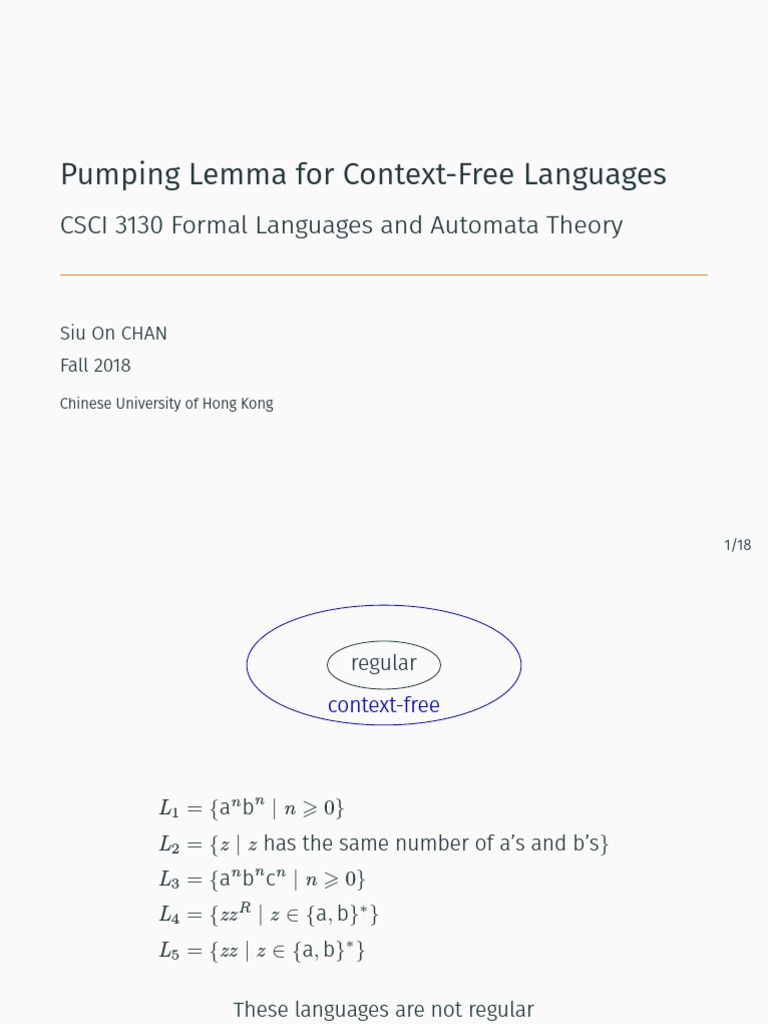 Pumping Lemma For Context-Free Languages: CSCI 3130 Formal Languages and Automata Theory | PDF ...