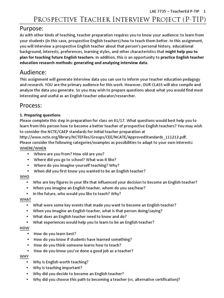 Prospective Teacher Interview Project (P-TIP) Purpose | PDF | Lesson ...