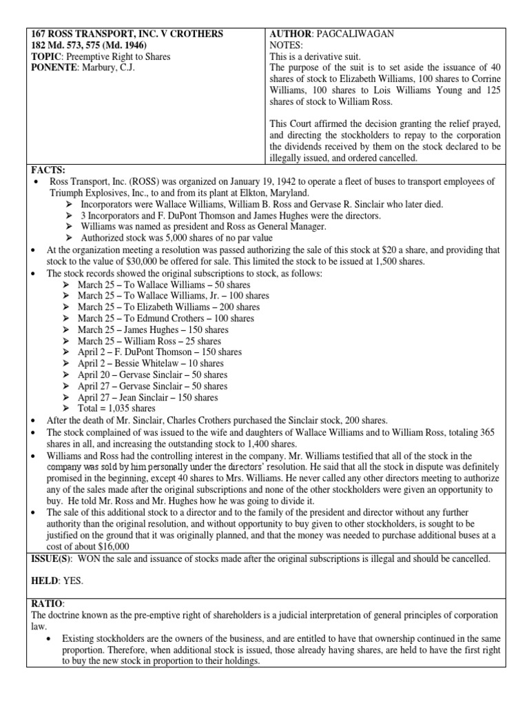 167 Ross Transport, Inc. V Crothers (Pagcaliwagan) | PDF | Stocks ...