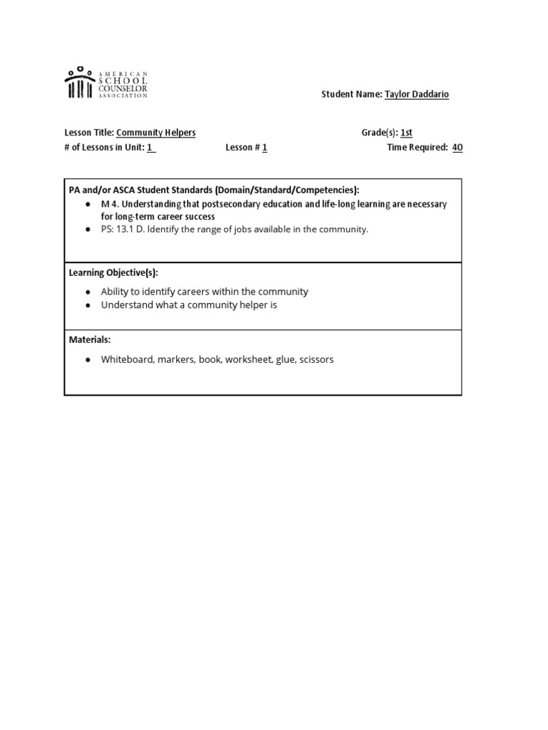 Community Helpers Lesson Plan | PDF | School Counselor | Behavioural ...